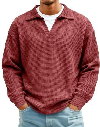 Generic Polo pour homme grand et grand t-shirt gaufr&eacute; col en V coupe ample &agrave; manches longues T-shirts de golf l&eacute;gers et respirants T-shirts de golf d&eacute;contract