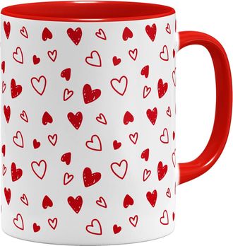 OM3 Herz-Muster Love Liebe Hearts Herzchen Tasse - Keramik Becher - 11oz 325ml - Beidseitig Bedruckt - Rot
