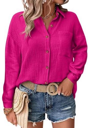 Onsoyours Chemisier pour Femme en Coton à Manches Longues Chemise Décontractée avec col en V Coton Coupe Ample Solide Haut Élégant Tunique avec Poche A Fuchsia 