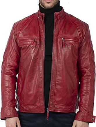 TruClothing Blouson pour Homme Style rétro Biker Fermeture éclair Cuir véritable Doux - Rouge 5XL