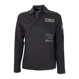 Aeronautica Langarm-Polo mit Welt der Luftfahrt Patches - - Tops - Herren - Schwarzk - 3XL