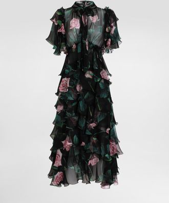 Dolce & Gabbana Longuette-kleid Mit Rüschen Und Volants Aus Chiffon Rosenprint - Frau Kleider Drucken 38