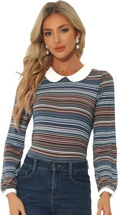 Allegra K Femmes Chemisier Carreaux Contrastés Manches Bouffantes Col Claudine Bleu Orange XS