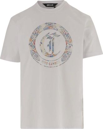 Just Cavalli Homme, Tops, Blanc, Taille: XL Cotton T-Shirt With Print