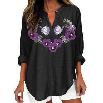 Generic Blouses d&eacute;t&eacute; pour femme &agrave; manches longues - T-shirts &agrave; col en V pour femmes grande taille - Blouses et chemises boh&egrave;me baggyshirts T-shirt d&eacute;t&eacute; hauts 