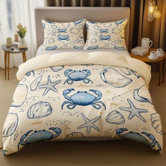 Generic Retro Seesterne Muscheln Bedrucktes Bettw&auml;sche Set 135 x 200 cm, Weiche Waschbar Mikrofaser Bettbezug mit Rei&szlig;verschluss, 4 Eckb&auml;nder, Maritime Strand