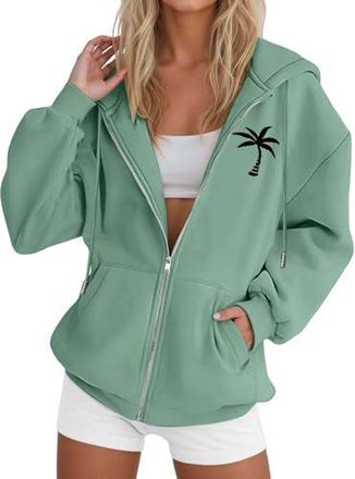 Generic 2026 Veste &agrave; capuche d&eacute;contract&eacute;e &agrave; manches longues avec cordon de serrage pour femme Motif arbre, Vert, XXL