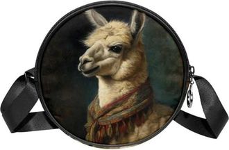 Generic Sac &agrave; bandouli&egrave;re rond pour femme, motif alpaga vintage, petit sac &agrave; bandouli&egrave;re avec fermeture &eacute;clair, bretelles r&eacute;glables, sac &agrave; main rond d&eacute;contrac