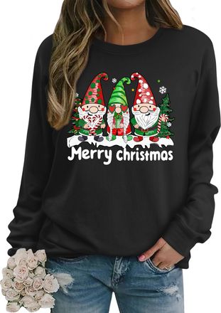 Dresswel Weihnachtspullover Damen Merry Christmas Sweatshirt Lustig Zwerge Druck Baumwolle Weihnachten Pullover Weihnachts Tops Xmas Weihnachtspulli Teenager M