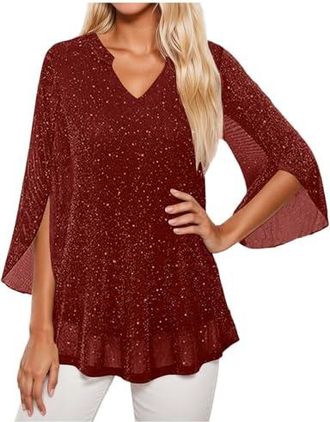 Generic Chemise Femme Col en V Blouse Femme Tunique Manche Longue Tee Shirt &Eacute;l&eacute;gant Pliss&eacute;e Henley Top, Taille pour Femmes Sexy D&eacute;contract&eacute;