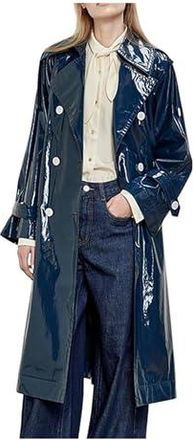 Generic Trench-Coat Femme Bleu Fonc&eacute; Faux Cuir - Printemps Automne Double Boutonnage Long Mince Fluide R&eacute;fl&eacute;chissant Veste, noir fonc&eacute;, L