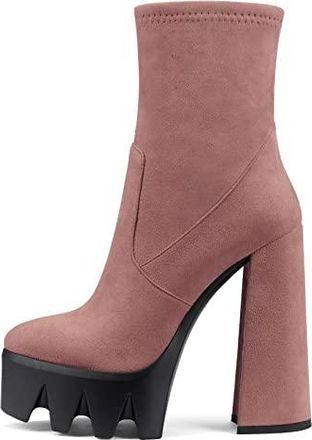 Castamere Femmes Haut High Talon Heel Bottines Rond Bout Bloc Chunky 14 CM Heels Slip-on Fermeture à Glissière Chaussures Marron 36 EU