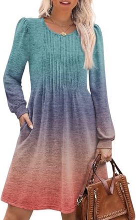 Generic Mini robe boh&egrave;me ombr&eacute;e &agrave; manches longues et col rond pour femme, robe d&eacute;contract&eacute;e fluide avec poches lat&eacute;rales, douce, extensible, confortable, robe