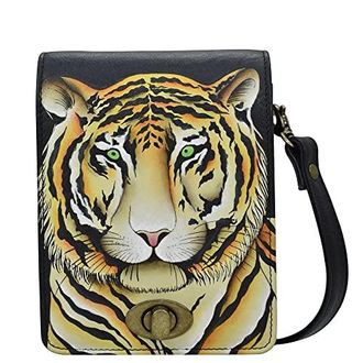 Anuschka Womens Hand-Painted Leather Flap Crossbody/Belt Bag with Sac &agrave; bandouli&egrave;re Convertible en Cuir v&eacute;ritable Peint &agrave; la Main avec Protection RFID-Tigre du