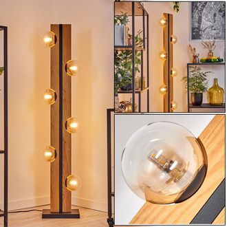 HOFSTEIN Stehleuchte Chehalis, 6-flammige Stehlampe aus Holz/Metall/Glas in Natur/Schwarz/Bernstein/Klar, Leuchte im Vintage-Design, 120 cm, G9, Fußschalter - 
