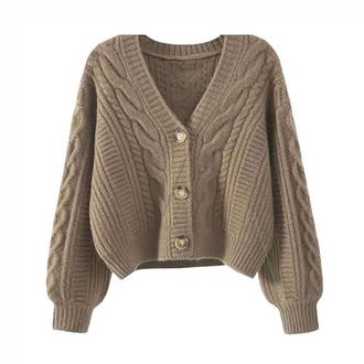 Generic Cardigan court cor&eacute;en en tricot pour femme - Col en V - Style r&eacute;tro - &Eacute;l&eacute;gant - Pour le bureau, Brun, taille unique