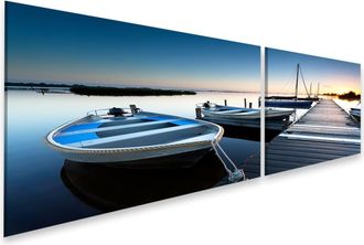 Islandburner Bild auf Leinwand Sonnenaufgang Über See Hafen Mit Booten Und Pier Wandbild Poster Bilder 160x40cm - 2 Teile a 80x40cm