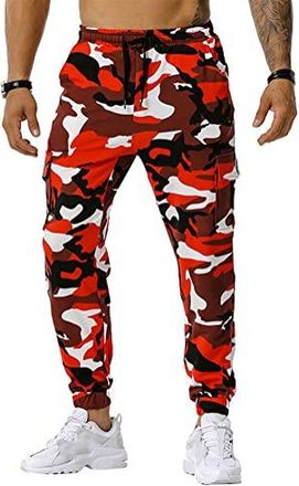 TOMWELL Jogging Homme Pantalon Cargo Survêtement Slim Fit de Sport Jogger Camouflage Workwear Mode Travail de Loisirs Casual Workout Avec Poches F Rouge M