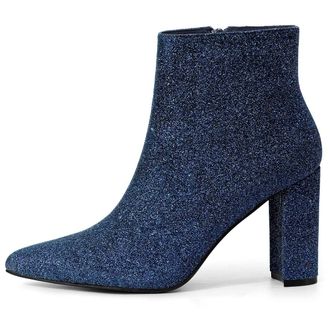 Allegra K Damen Glitzer Spitze Zehe Chunky Heel Stiefeletten, marineblau, 38 EU