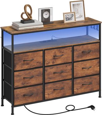 Woltu Kommode mit 9 Stoffschubladen, LED und Steckdosen, Schubladenschrank mit Metallrahmen, Sideboard Wohnzimmer Schlafzimmer Flur, Rustikales Braun Schwar