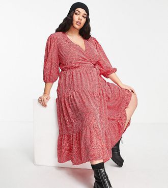 Glamorous Curve Gebl&uuml;mtes Maxi-Wickelkleid mit Ballon&auml;rmeln und Bl&uuml;mchenmuster in Rot