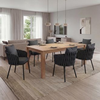 Mendler 6er-Set Aluminium-Esszimmerstuhl HWC-P89, Indoor Stuhl Armlehne, Stoff/Textil (180 g/m&sup2;) Seilgeflecht Rope - anthrazit