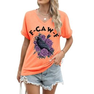 Generic F Caw F T-shirt pour femme - T-shirt vintage imprim&eacute; floral corbeau d&eacute;contract&eacute; tendance basique gothique col en V T-shirt vacances quotidien, Orange,