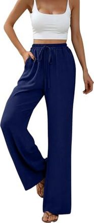 Generic Pantalon en lin pour femme - Long - D&eacute;contract&eacute; - A&eacute;r&eacute; - Jambes larges - Pantalon en lin - Taille haute - Avec cordon de serrage - Couleur unie - Avec