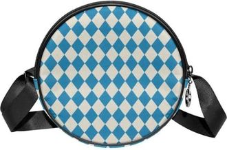Generic Sac &agrave; bandouli&egrave;re Circle pour femme, petit sac &agrave; bandouli&egrave;re r&eacute;tro bleu &agrave; motif &eacute;cossais avec fermeture &eacute;clair, bretelles r&eacute;glables, sac &agrave; main rond d