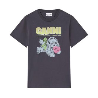 Ganni Grafikdruck Hund Illustration T-shirt - - Tops - Damen - Grau - 2XS