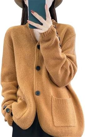 Generic Cardigan classique 100 % laine &agrave; col rond et manches longues pour femme, Jin Camel, Taille Unique