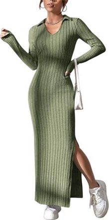 Generic Robe pull moulante mi-longue &agrave; manches longues en tricot torsad&eacute; c&ocirc;tel&eacute; col en V pour femme, Vert, XXL