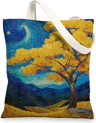 Generic Sacs fourre-tout en toile artistique, imprimé paysage darbre coloré, sacs à provisions réutilisables, style bohème, rustique, léger, lavable, Coloré, 