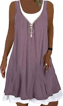 Minetom Robe Été Femme de Plage Robes Fermeture Éclair Robes au Genou Manches Courte Casual Grande Taille Tuniques Ample J Rose XXL