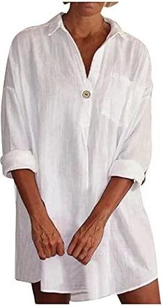 Generic Robe boh&egrave;me 2026 pour femme, longueur genou, col ample, avec poche &agrave; boutons, style d&eacute;contract&eacute; en V, blanc, XXL