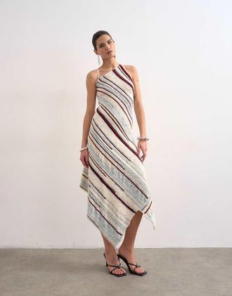 Topshop Strickkleid in Ecru mit asymmetrischen Streifen und weitem Rock-Wei&szlig;