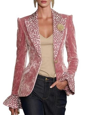 Generic Blazer en velours pour femme 2026 avec poches, imprim&eacute; l&eacute;opard, revers patchwork vintage, fermeture &agrave; un bouton, manches longues, coupe &eacute;troite, Rose.