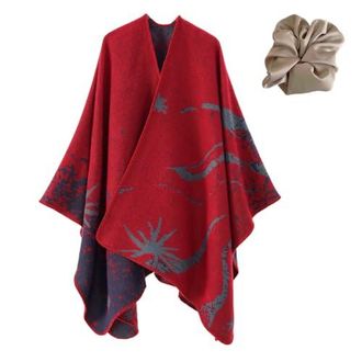 Generic Elegant Shawl Wrap for Women, Printed Blanket Open Front Cardigan Sweater Coat Poncho Cape Fall Winter (Red)