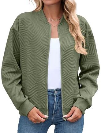 Feoya Femmes Blouson Jacquard Bombardier D&eacute;contract&eacute; Zipp&eacute;e Manches Longues Veste Bomber de Baseball L&eacute;g&egrave;re Sweatjacke Vert XL