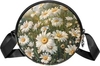 Generic Sac &agrave; bandouli&egrave;re rond pour femme, marguerites, petit sac &agrave; bandouli&egrave;re avec fermeture &eacute;clair, bretelles r&eacute;glables, sac &agrave; main rond d&eacute;contract&eacute; pour f