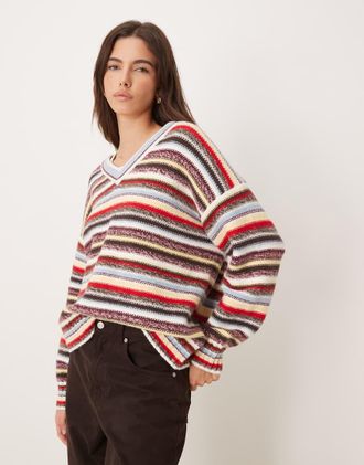 Abercrombie & Fitch Bunt gestreifter, lang&auml;rmliger Pullover mit V-Ausschnitt