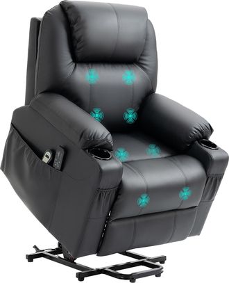 HOMCOM Fernsehsessel mit Aufstehhilfe Elektrisch, Relaxsessel mit Massagefunktion, Liegefunktion, Ruhesessel mit Becherhalter, Fernbedienung und Seitentasche