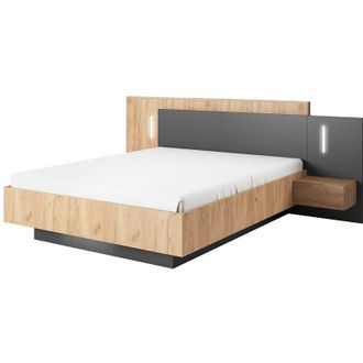 Vente-Unique Vente-Unique - Lit avec tiroirs 160 x 200 cm - 2 tiroirs avec LEDs - Coloris naturel et anthracite - Panneau de particule m&eacute;lamin&eacute;
