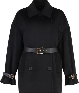 Max Mara Femme, Manteaux, Noir, Taille: 38 FR Manteau en laine crois&eacute; et ceintur&eacute;