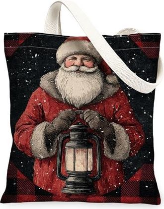 Generic Sacs fourre-tout en toile P&egrave;re No&euml;l, design de No&euml;l vintage, sacs d&eacute;picerie l&eacute;gers et r&eacute;utilisables, bandouli&egrave;re festive, Rouge, 13x15 Inch