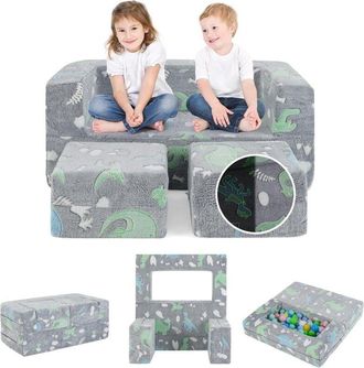 Costway Costway - Canap&eacute; Enfant 2 Places Lumineux (Brillant dans Le Noir) avec Motif Dinosaure, Fauteuil Enfant Convertible en Tissu avec Housse Lavable