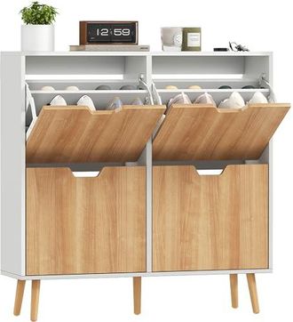 HOMCOM Meuble à Chaussures 4 abattants, Armoire à Chaussures 16 Paires, avec étagère réglable, Pieds en Bois, Rangement Chaussure, Grande capacité pour Coulo