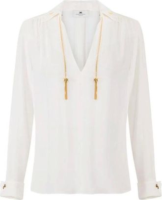 Elisabetta Franchi Femme, Blouses et Chemises, Blanc, Taille: 40 FR Blouse en georgette avec d&eacute;tails bijoux