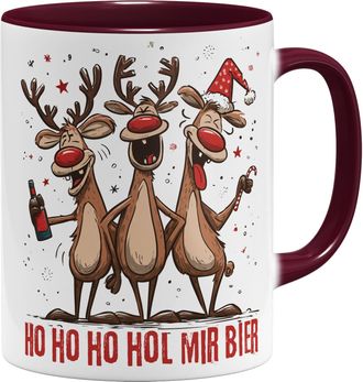 OM3 lustige Weihnachts Kaffee-Tasse mit Spruch - Ho Ho Ho Hol mir Bier - betrunkene Rentiere Christmas - Keramik Becher - 325ml - Beidseitig Bedruckt - Bo