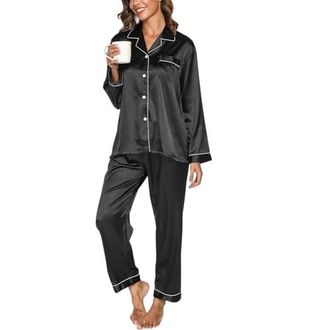Generic Pyjama 2 pi&egrave;ces en soie pour femme, ensemble de pyjama 2 pi&egrave;ces en soie pour femme, v&ecirc;tement de nuit confortable, pyjama soyeux, Noir, XXL